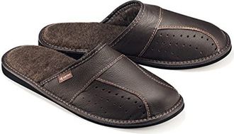 Estro & Luminara Pantoufles Homme Hiver Chaud - Pantoufles Homme Cuir Chaussons Mules Hommes Cuir MZ01 (Marron, 46 EU)