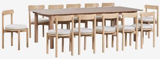 Sklum Rechteckiger ausziehbarer Esstisch 250-310x105 cm Duala und 12 Gartenst&uuml;hle aus Akazienholz Nualis Helles Akazienbraun