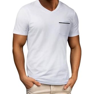 Generic T-shirt &agrave; col en V pour homme - L&eacute;ger et extensible - Couleur unie - Respirant - Manches courtes - Avec poche dentra&icirc;nement, Blanc 01, XXL