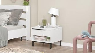 Hanah Home Elegant White Nightstand with Metal Legs, 53.6 x 42.4 x 44.5 cm | 100% Melamine Coated Particle Board, 18 mm Thick | Stylish Storage for Modern Bedroo