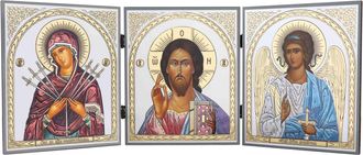 NKlaus Ikone Gottesmutter der Sieben Pfeile & Jesus Christus & Schutzengel - Haus Altar Triptychon - 18x46cm - Ikonografie 16518