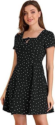 Allegra K Femmes Robe trap&egrave;ze d&eacute;contract&eacute;e Manches Courtes Encolure carr&eacute;e Coeur Noir XL