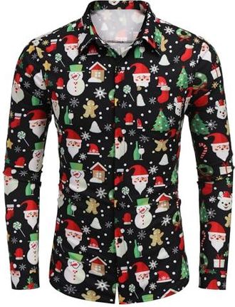 Coofandy Chemise de No&euml;l Homme Manches Longues Christmas Shirt Boutonn&eacute;e Motif Festif Holiday Shirt Cadeau Noir XXL