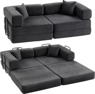 HOMCOM Klappbares 2-Sitzer-Schlafsofa, Schlafsofa, Chenille-Bezug, mit 2 Kissen, Breiten Armlehnen, Dicker Polsterung, Keine Montage erforderlich, f&uuml;r Schlaf