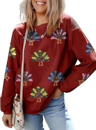 Generic Sweat graphique Turquie pour femmes, pull tendance surdimensionné à cordon pour lautomne 2025, épaules tombantes et paillettes, Rouge, 3XL