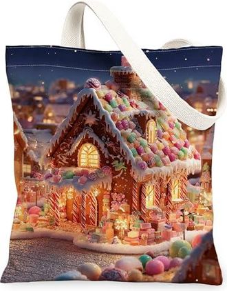 Generic Sac fourre-tout en toile motif maison en pain d&eacute;pices, sac r&eacute;utilisable color&eacute;, l&eacute;ger, lavable, pour No&euml;l, voyage, &eacute;picerie, 33 x 38 cm