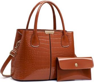 Nicole & Doris Sac à Main Femme Crocodile Sac Bandoulière Cuir Verni Sac a Main et Portefeuille Ensemble Sac Fourre Tout Sac Dépaule pour Travail Shopping Voyage Mar