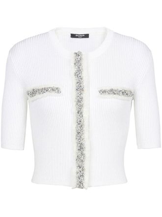 Balmain haut crop &agrave; sequins brod&eacute;s - Blanc