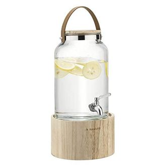 Navaris Distributeur de Boisson en Verre - Fontaine 5,6 L avec Robinet Couvercle poignée et Support en Bois - Carafe Eau Boissons Froides et Chaudes