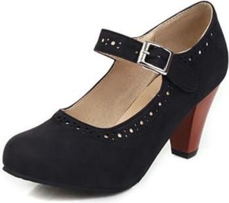 Generic Bout Rond Mary Jane Talons Retro Bloc Talon Usure Quotidienne Chaussures Cheville Sangle Bureau Robe Pompes,Noir,37 EU