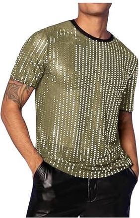 Generic Tee Shirt Paillette Hommes Grandes Tailles, Top Sequin Sexy-Haut Soir&eacute;e Moulant Manches Courtes Tuniques Maille Serr&eacute;e &agrave; Col Rond Chemise Chic Brillan