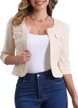 Allegra K Damen Jeansjacke 3/4 &Auml;rmel Open Front Kragenlos Jacke mit Taschen Creme XS