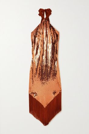 Taller Marmo Nina Neckholder-maxikleid Aus Cr&ecirc;pe Mit Pailletten, Satinbes&auml;tzen Und Fransen - Orange