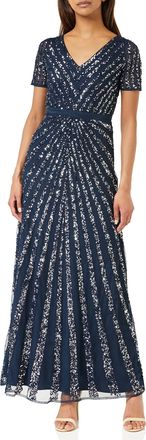 Maya Damen Maxi Womens Ladies Embellished Sequin Dress Long Short Sleeve V Neck High Empire Waist A Cut Shiny Prom Wedding Brautjungfernkleid, Navy,44 EU (