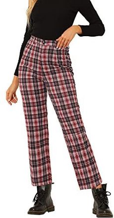 Allegra K Pantalon de travail décontracté à carreaux pour femme Taille haute élastique, Rouge, 40