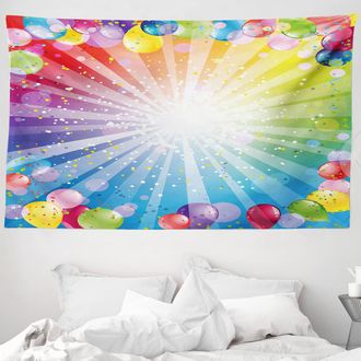 Abakuhaus Geburtstag Wandteppich, Muster der gestreiften Kulisse mit Luftballons Punkte Feier Geburtstag, aus Weiches Mikrofaser Stoff Wand Dekoration F&uuml;r Schla