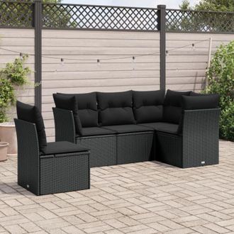 vidaXL 5-tlg. Garten-Sofagarnitur mit Kissen Schwarz Poly Rattan - Vidaxl