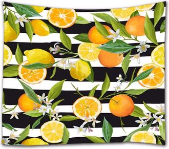 A.Monamour Wandteppich Blumen Bl&auml;tter Und Fr&uuml;chte Orange Zitrone Tropischen Muster Stoff Tapisserie Wandbehang Wanddeko Wandkunst Wandbilder Wandtuch f&uuml;r Wohnzim