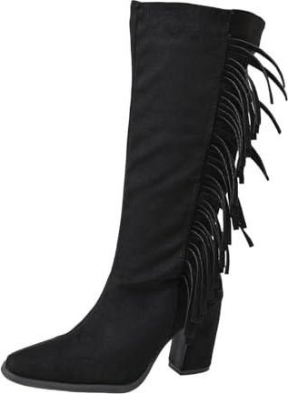 Generic Bottes mi-mollet d&eacute;contract&eacute;es &agrave; franges pour femme - &Eacute;l&eacute;gantes - Style r&eacute;tro - Couleur unie - Talon bloc &eacute;pais - Confortables - Pour lautomne et lhiv