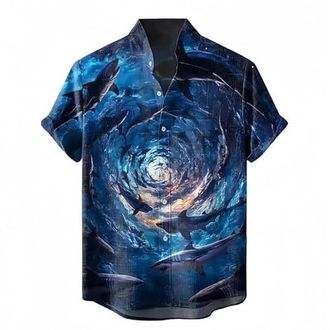 Keephen Hommes col Stand Chemises &agrave; Manches Courtes Mode 3D imprim&eacute; Requin Motif Bouton en Bas Chemise Hawaii &eacute;t&eacute; Casual Tops Blouse de Rue ext&eacute;rieure