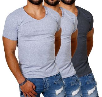 Carisma T-Shirt Herren Uni Basic 4066 tief-breit geschnittener Ausschnitt vintage Look V-Ausschnitt unifarben kurzarm slim fit
