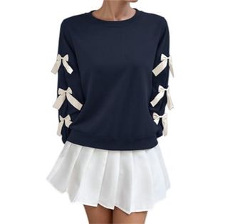 Generic Sweat-shirt tendance &agrave; manches longues et col rond pour la Saint-Valentin avec noeuds, col rond, coupe ample, bleu, XL