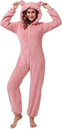 ORANDESIGNE Combinaison Femme Begummy Pyjama Barboteuse Polaire Peluche avec Capuche Onesie Couleur Unie Manche Longue Teddy Fourrure Costume Chaude Playsuit A Ro