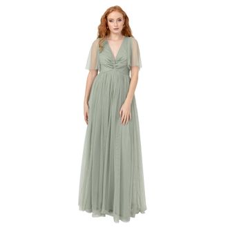 Anaya with Love Damen Womens Maxi Ladies Short Flutter Sleeve V-Neck Twist Front Empire A-line Tulle Bridesmaid Wedding Guest Prom Dress, Frosty Green, 34 EU