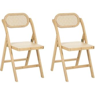 Beliani Lot de 2 Chaises de Salle &agrave; Manger Boh&egrave;me en Bois de Bambou et Rotin PE Pliantes Cuisine Marron Clair Oraison