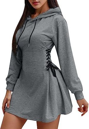Generic Robe pull pour femme - Robe dautomne - Sexy - Pull &agrave; capuche - Pull long - Automne - Hiver - Manches longues - Mini robe avec cordon de serrage - Tric