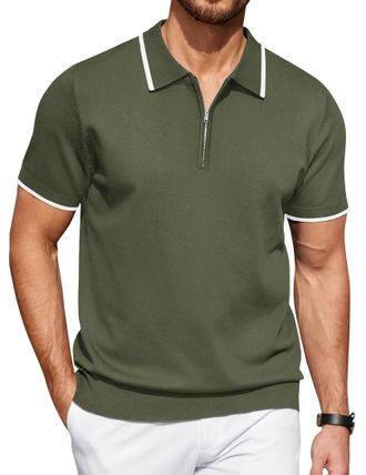 Coofandy Herren-Poloshirt mit Reißverschluss, lässig, gestrickt, kurzärmelig, Klassische Passform, E-Army Grün, Mittel