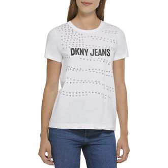 DKNY Womens Jeans Logo T-Shirt with All Over Stud Detailing, White, XS