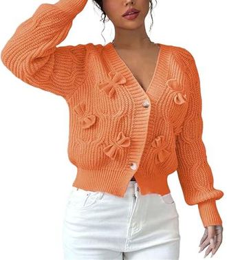Generic Cardigan dhiver court &agrave; manches longues en tricot d&eacute;contract&eacute; &eacute;l&eacute;gant pour femme, Orange, Taille S