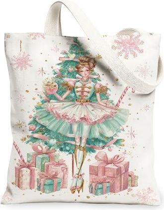 Generic Sacs fourre-tout en toile de ballet de vacances, charmant motif art de danse dhiver, sacs &agrave; provisions r&eacute;utilisables, vintage, l&eacute;gers et lavables, bla