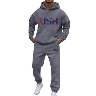 Generic Survêtement 2 pièces pour homme Imprimé lettres USA Ensemble sweat à capuche et pantalon de survêtement Ensemble décontracté Sport de plein air Survêt