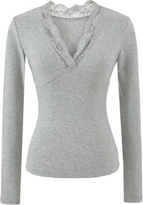 Generic Fashion Splicing Hollow Neck Stretch Top Femmes Temp&eacute;rament Top Printemps Automne Mode Casual Bottoming Shirt, Gris 9., M