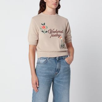 Max Mara Sandfarbener Baumwollpullover mit Stickerei