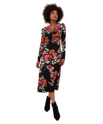 Joe Browns Damen Zip-Front Floral Midi Jersey Dress Lässiges Kleid, Schwarz, 36