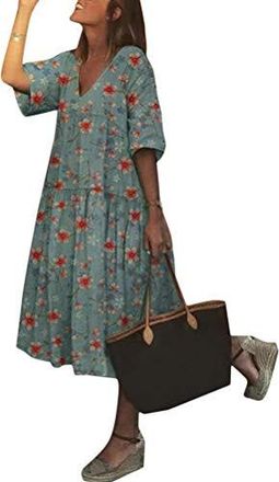 Onsoyours Femme Robe Été Mi-Longue Manches Petite Robe Courte Mini Robe Casual Col en V Élégant Imprimé Fleur Printemps Été Dames Robe Décontractée Bleu 3XL