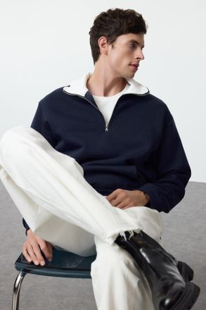 Trendyol MAN Herren Dunkelblau Colour-Block Lang Oversize Sweatshirts