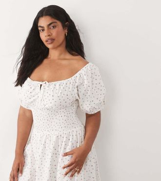 Esm&eacute;e Esm&eacute;e Curve - Vorne gebundenes Maxikleid in Wei&szlig; mit Bl&uuml;mchenmuster und Puff&auml;rmeln-Mehrfarbig