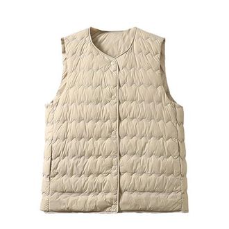 Generic Gilet dhiver pour femme - Couleur unie - Col rond - Motif ondul&eacute; - Clip en coton - L&eacute;ger et chaud, beige, XXL