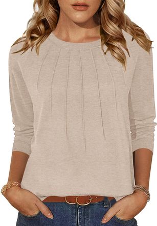 Zeagoo T Shirt Damen Rundhals Langarm Basic Tunika Tops Plissee Elegant Einfarbig Oberteile Leichte D&uuml;nner Winter T-Shirt Beige XL
