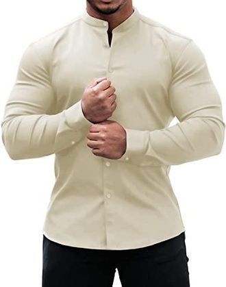 Generic Chemise en coton et lin pour homme, coupe d&eacute;contract&eacute;e, col rond, manches longues, couleur unie, coupe musculaire, cardigan l&eacute;ger &agrave; s&eacute;chage rapide pou