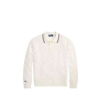 Polo Ralph Lauren Pull &agrave; col polo en maille torsad&eacute;e de coton et lin