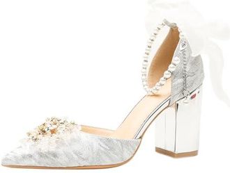 Generic Qynthra Femmes Élégant Mariage Pumps Dentelle Fleur Design Perle Bride Cheville Talon Bloc Chaussures Mariée pour Cérémonie Et Réception,Silver (8cm H