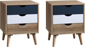 Vente-Unique Vente-unique - Lot de 2 tables de chevet avec 3 tiroirs - Coloris : Naturel, blanc et bleu marine - lurvia