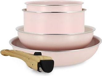 Menastyl Cuisson Batterie de Cuisine Amovible Empilable - Tous Feux Dont Induction - Revêtement Céramique Antiadhésif sans PFAS - Gamme Colorama - Couleur Rose - 2 Poê
