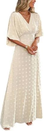 Generic Robe trapèze à manches flottantes et col en V pour femme, taille haute, robe élégante texturée à pois, abricot, XL