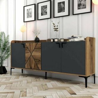Dmora Kommode Deneb, Wohnzimmerbuffet, Wohnzimmer-Sideboard, Moderne K&uuml;chen-Speisekammer, 180x35h78 cm, Walnuss und Anthrazit